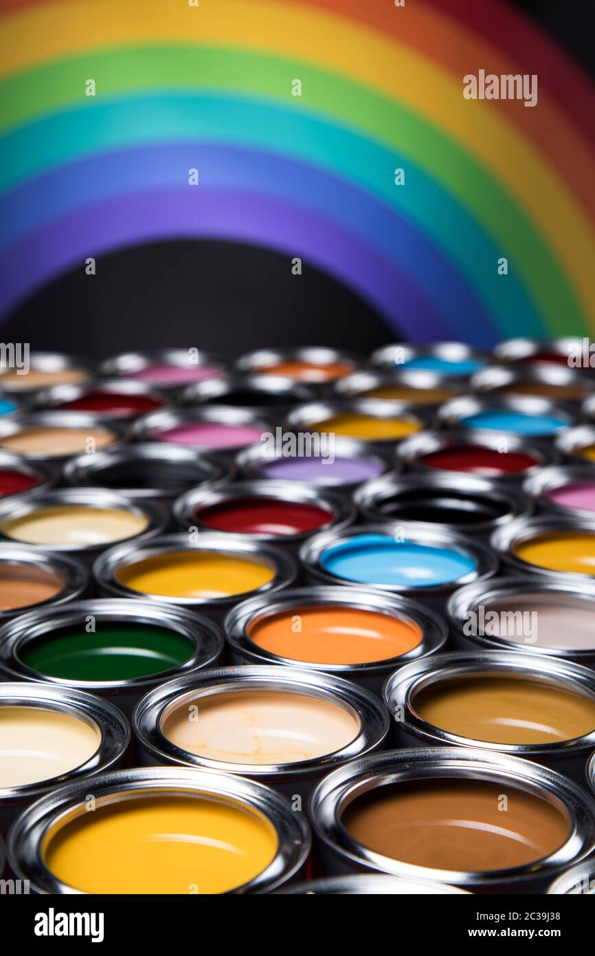 Colorful paint cans set, Painting background Stock Photo - Alamy