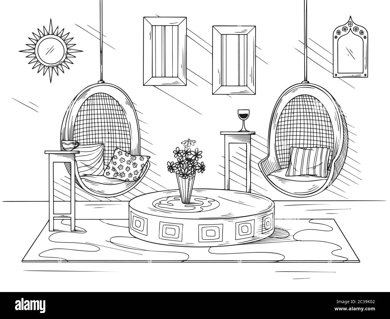 Sketch a cozy living room in boho style. Suspended chairs and various ...