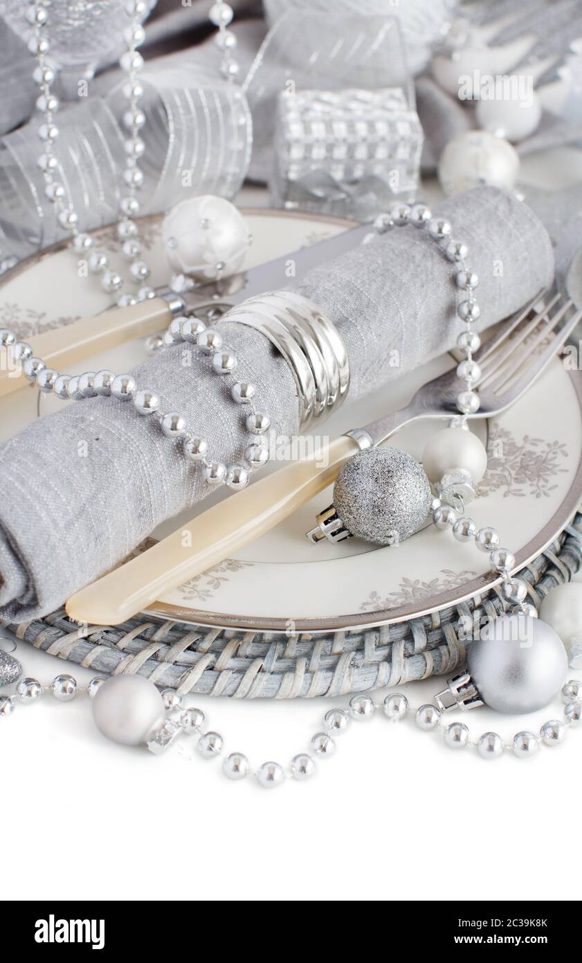 Silver Christmas Table Setting with christmas decorations Stock Photo ...