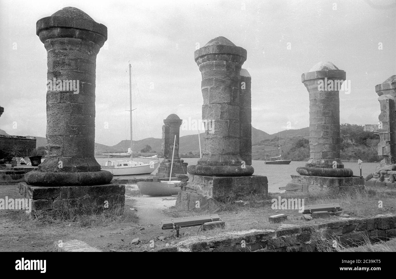 Remains of a fortress at the port of Antigua. The Caribbean island was ...