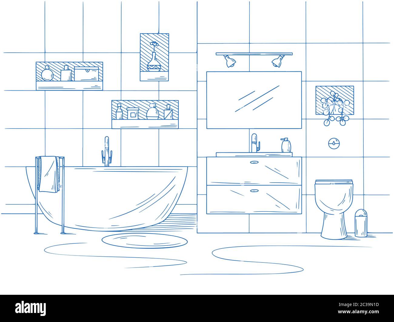 Hand drawn bathroom interior. Sketch bathtubs and other bathroom items ...