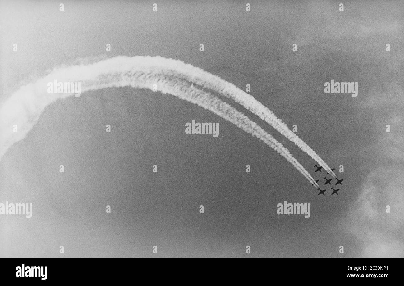 British combat aircraft in formation flight at the Farnborough Airshow ...