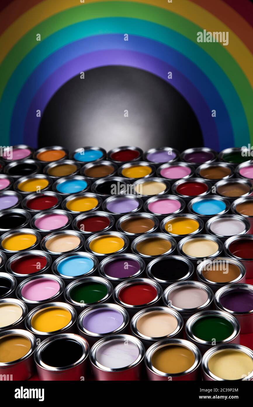 Colorful paint cans set, Painting background Stock Photo - Alamy
