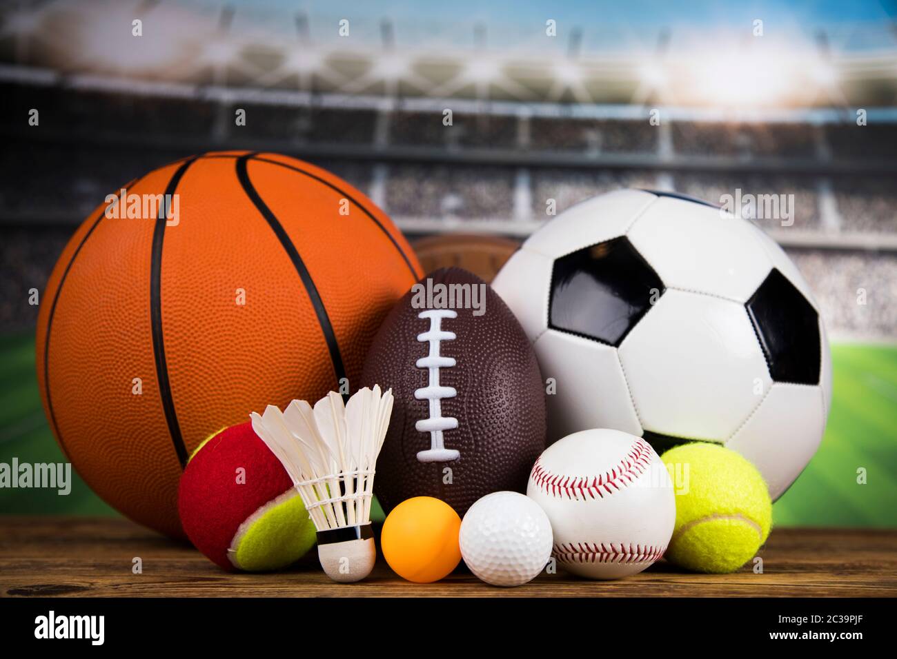 Assorted sports equipment, Winner background Stock Photo - Alamy