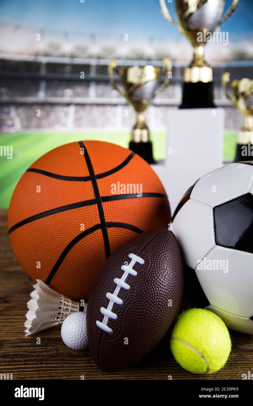 Podium for sports awards, equipment and balls Stock Photo - Alamy