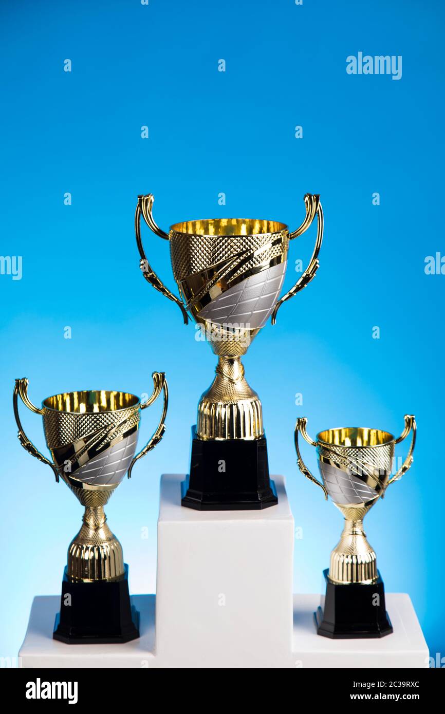 Podium for sports awards, equipment and balls Stock Photo - Alamy