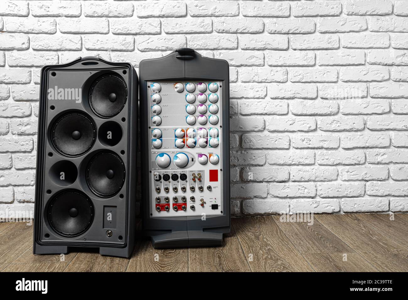 Stereo audio system with large speakers and amplifier Stock Photo - Alamy