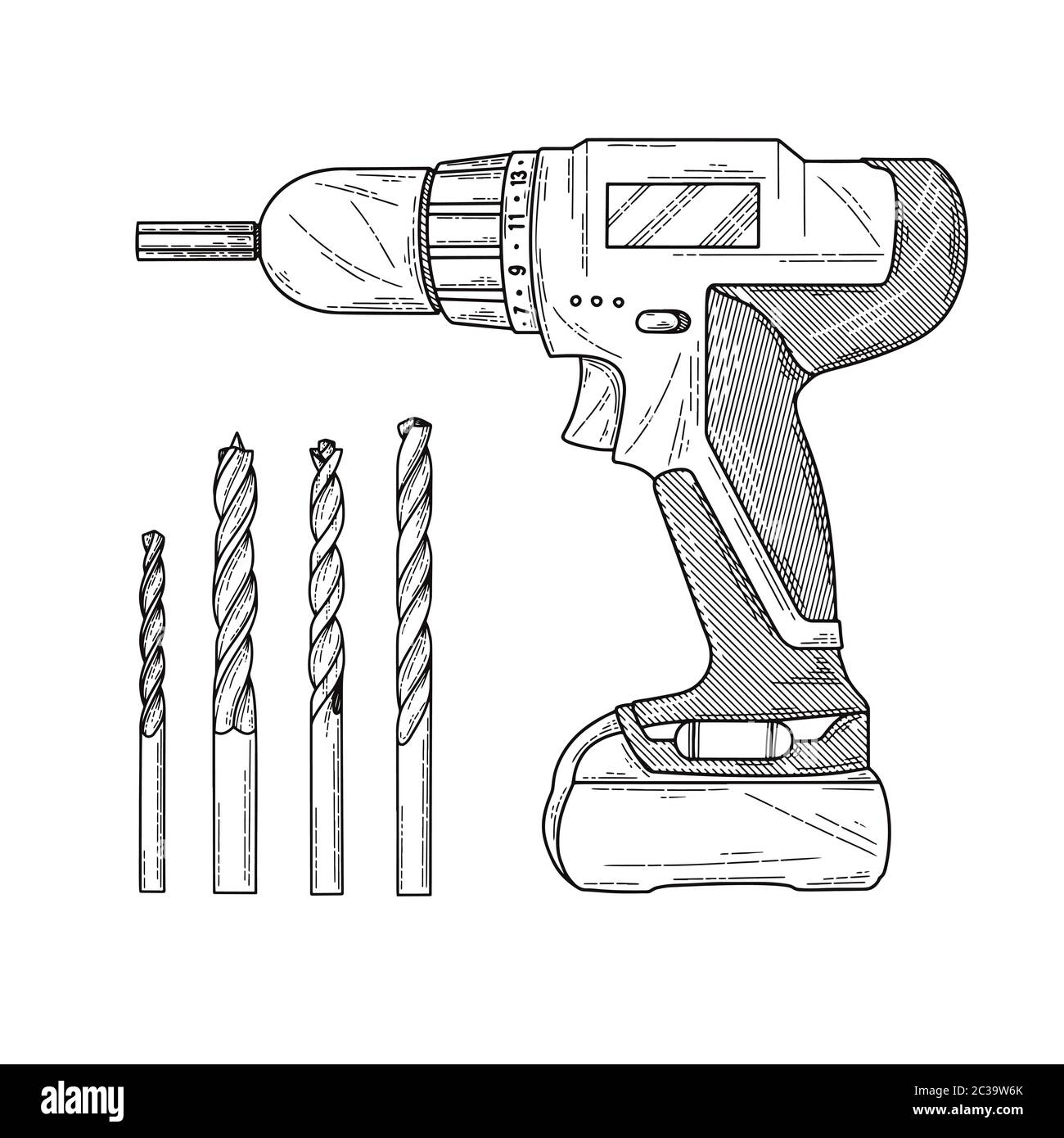 Sketch Screwdrivers with a drill isolated on a white background. Vector ...