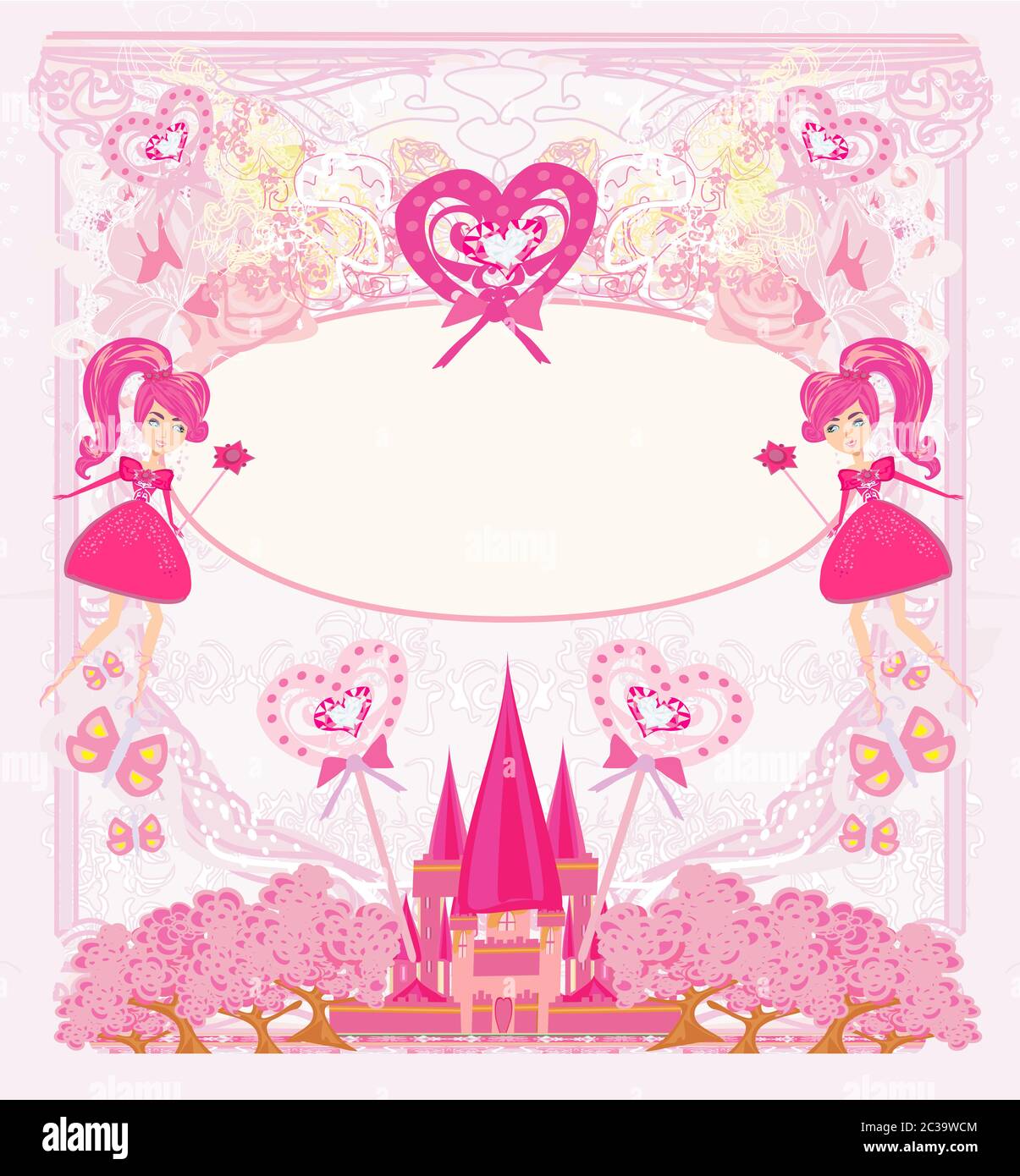 Fairytale frame with little fairies and pink castle Stock Photo - Alamy