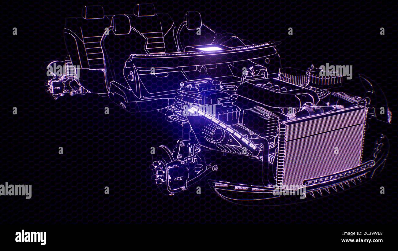 Holographic animation of 3D wireframe car model with engine Stock Photo ...