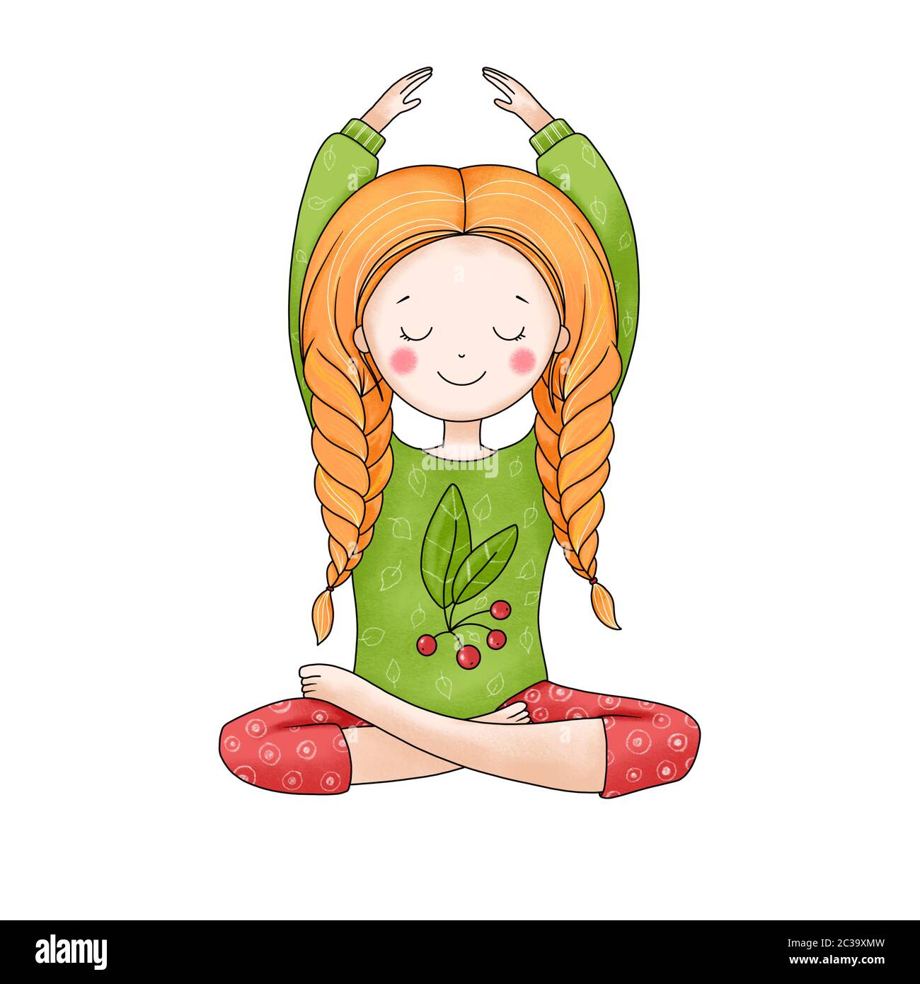 Cute girl in lotus position isolated on white background. Hand drawn ...