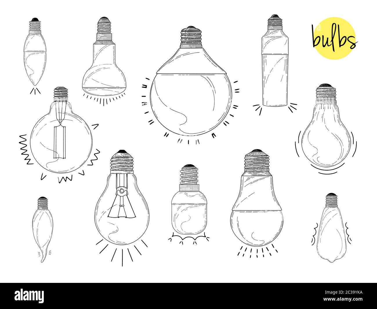 Sketch of different light bulbs isolated on a white background. A large ...