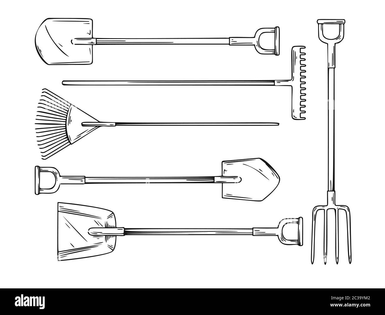 Set of different garden tools. Shovel, rake, pitchfork, spade isolated ...
