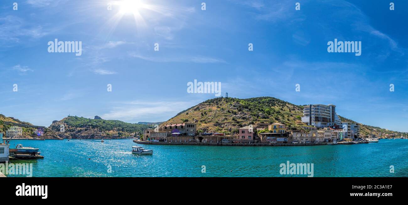 Scenic panoramic view of Balaclava bay with yachts from the ruines of ...