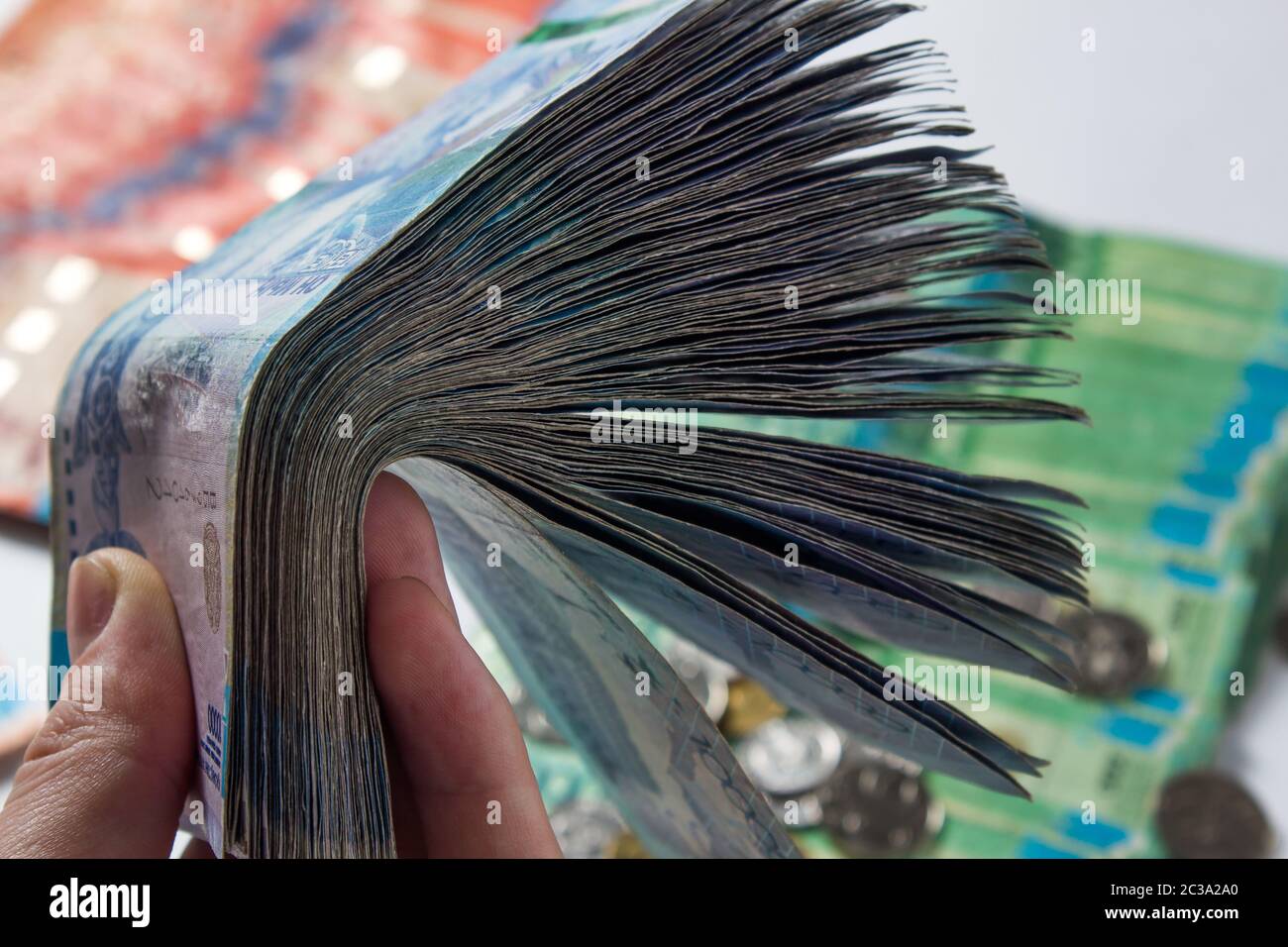 Paper banknotes tenge KZT. Tenge is the national currency of Kazakhstan ...