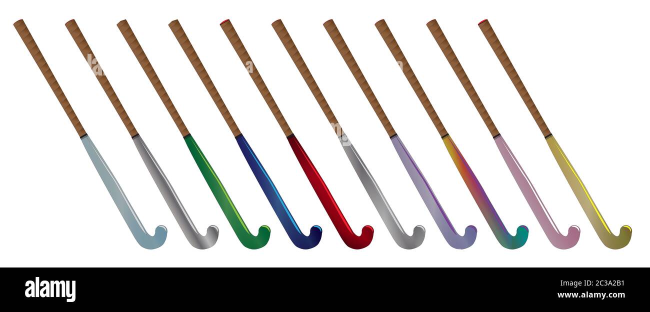 A collection of field hockey sticks in several colors set on a white ...