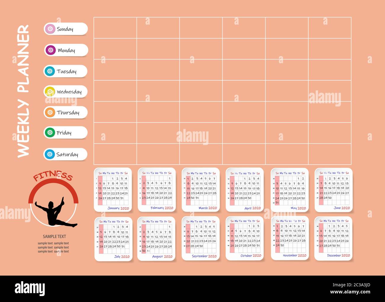 Calendar for 2020 and weekly planner for fitness center. Week starts on ...