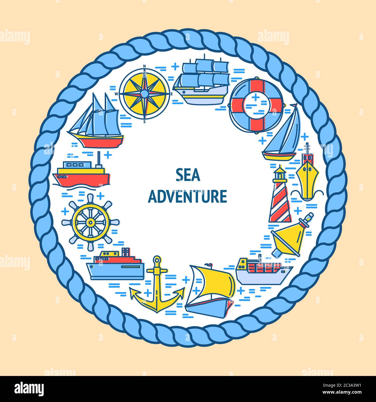 Sea adventure round concept in line style with ships and nautical ...