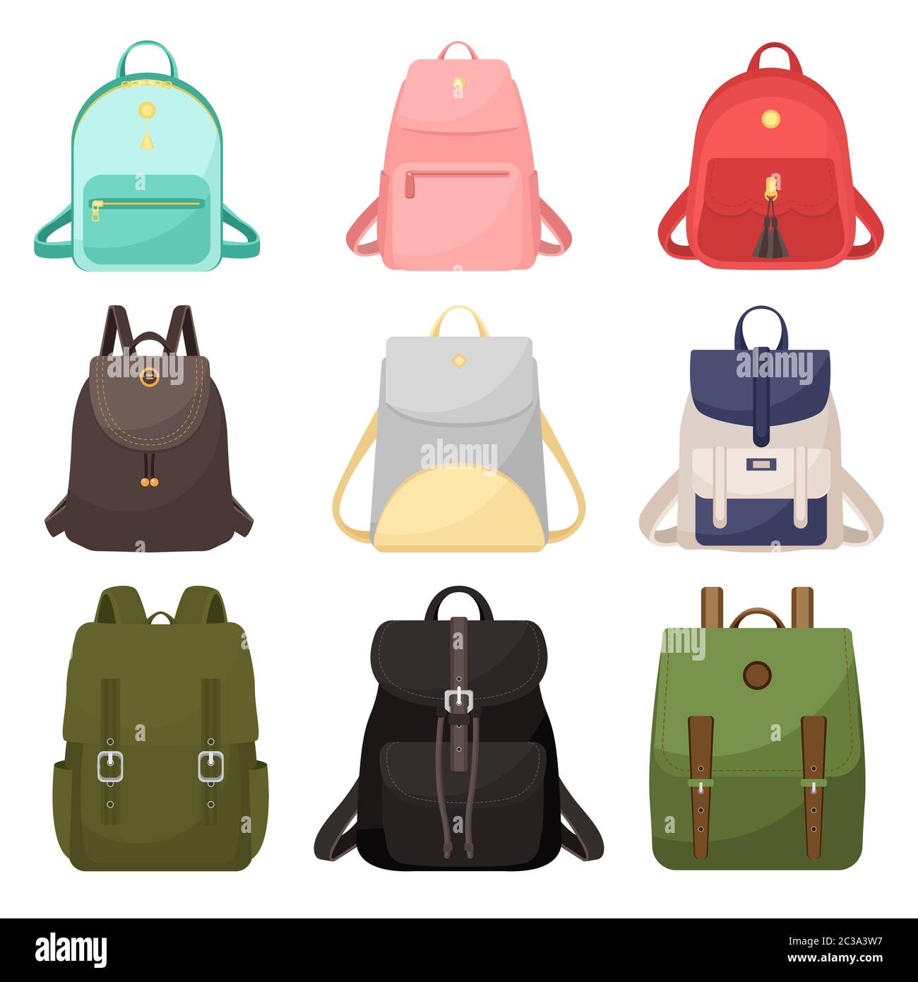 Set of different backpacks in a flat style is isolated on a white ...