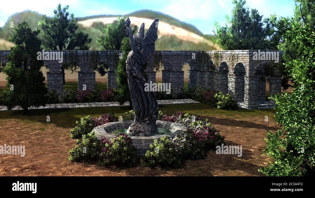 Courtyard of a castle with fountain, statue and castle wall, buildings ...