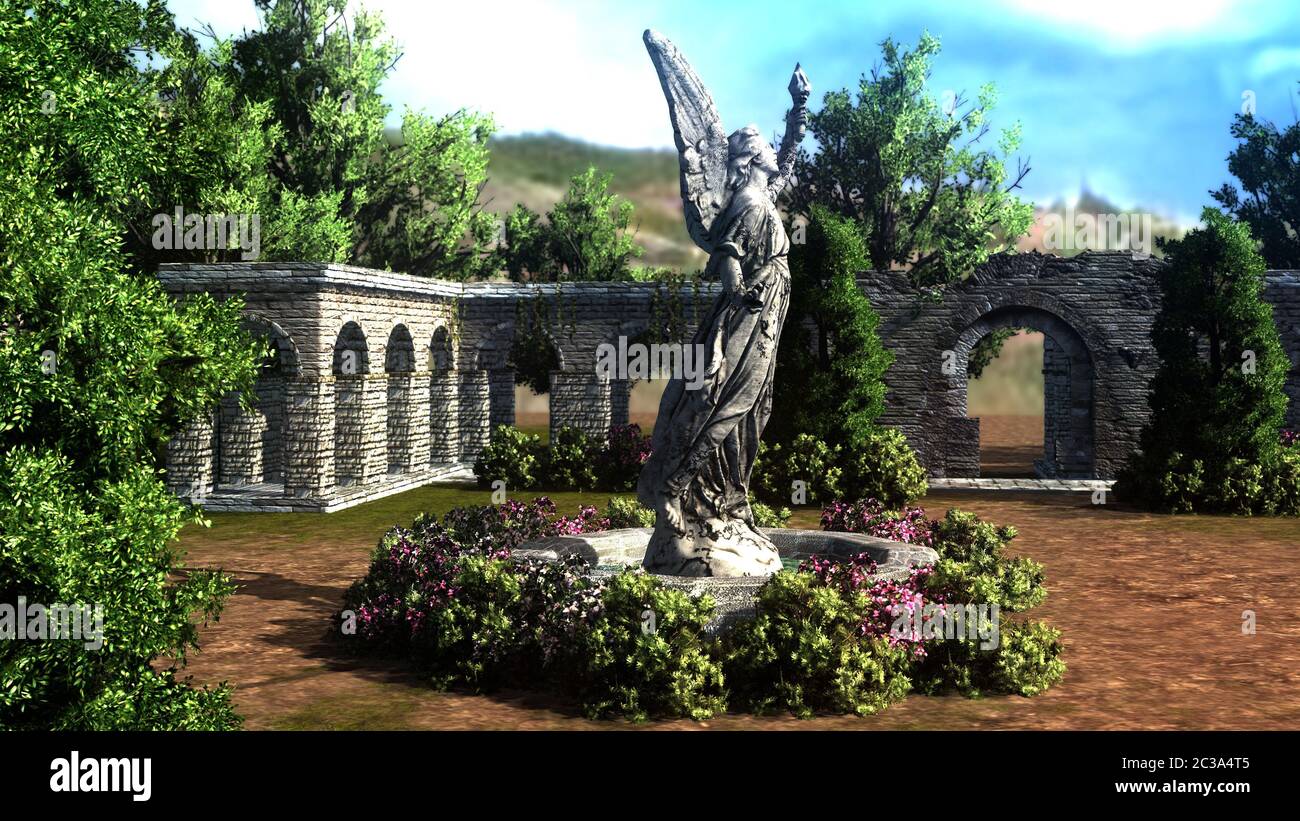 Courtyard of a castle with fountain, statue and castle wall, buildings ...