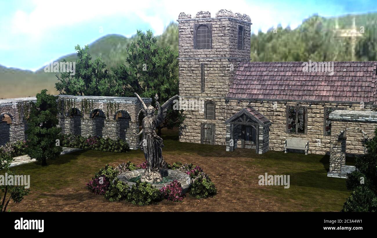 Courtyard of a castle with fountain, statue and castle wall, buildings ...