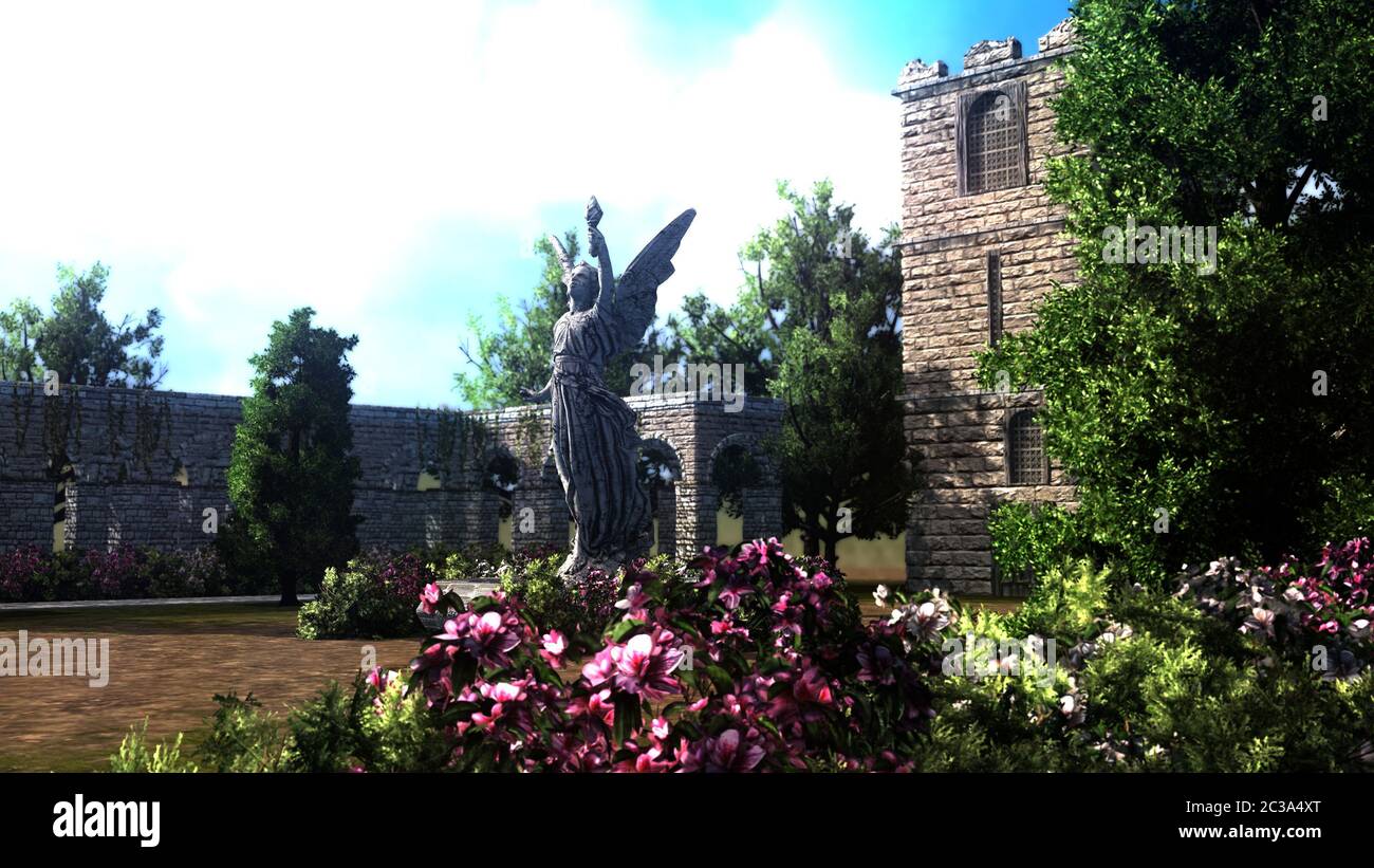Courtyard of a castle with fountain, statue and castle wall, buildings ...