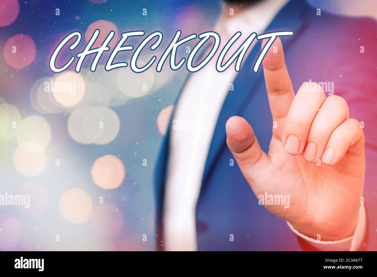 Text sign showing Checkout. Business photo showcasing a point at which ...