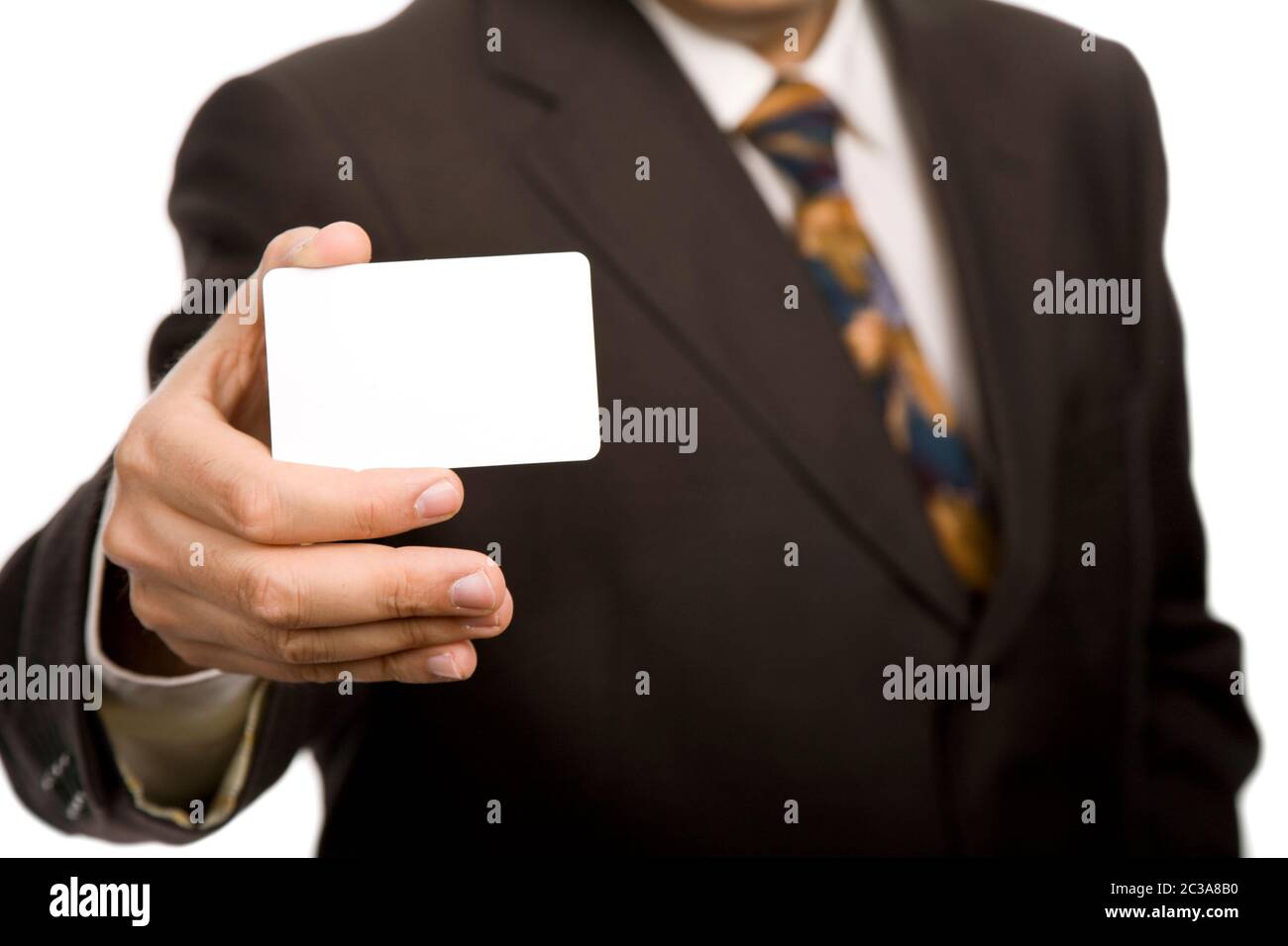 Hand of businessman offering businesscard on white background Stock ...