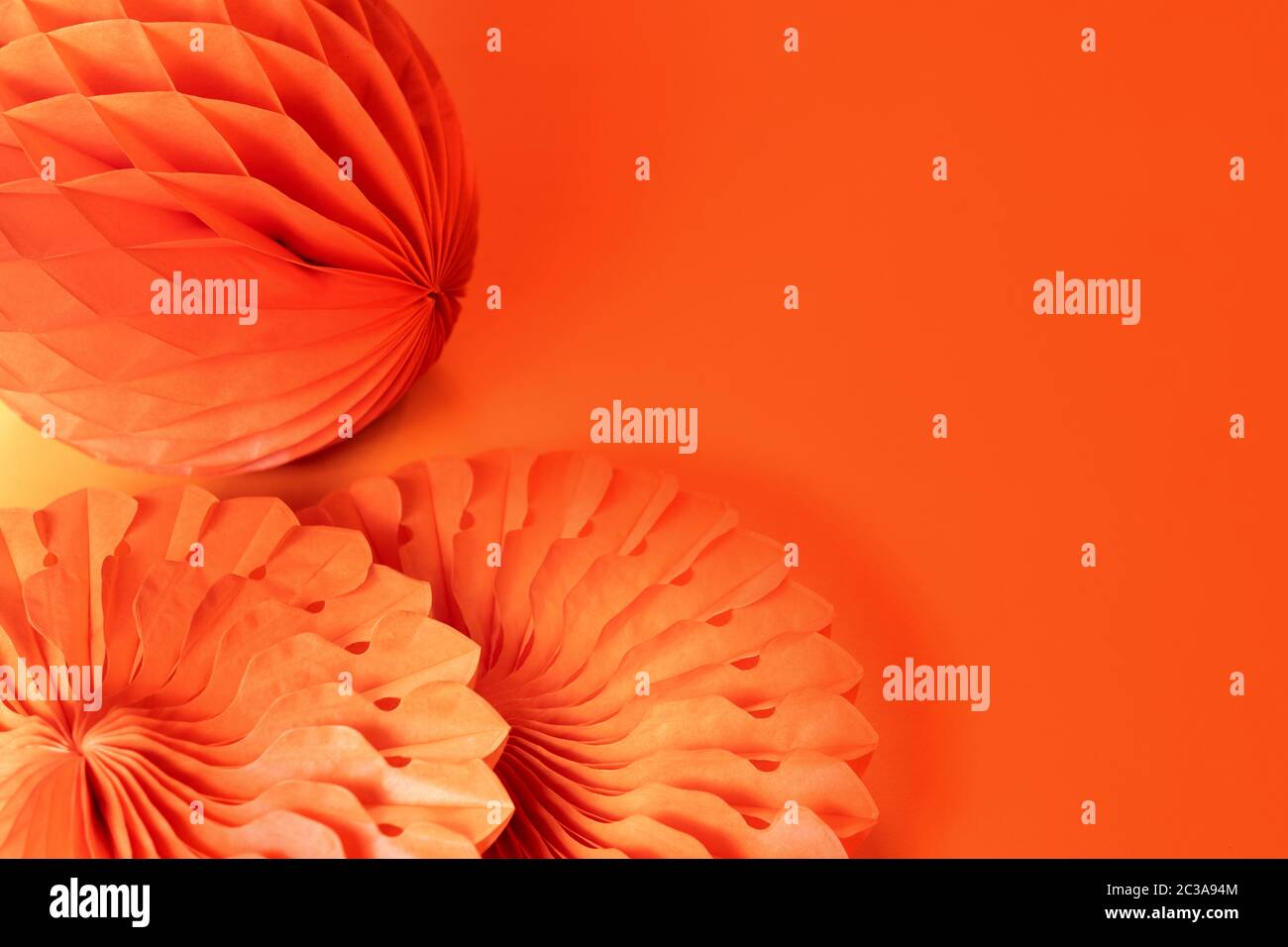 trendy color of orange paper fans and honeycombs party decor on lush ...