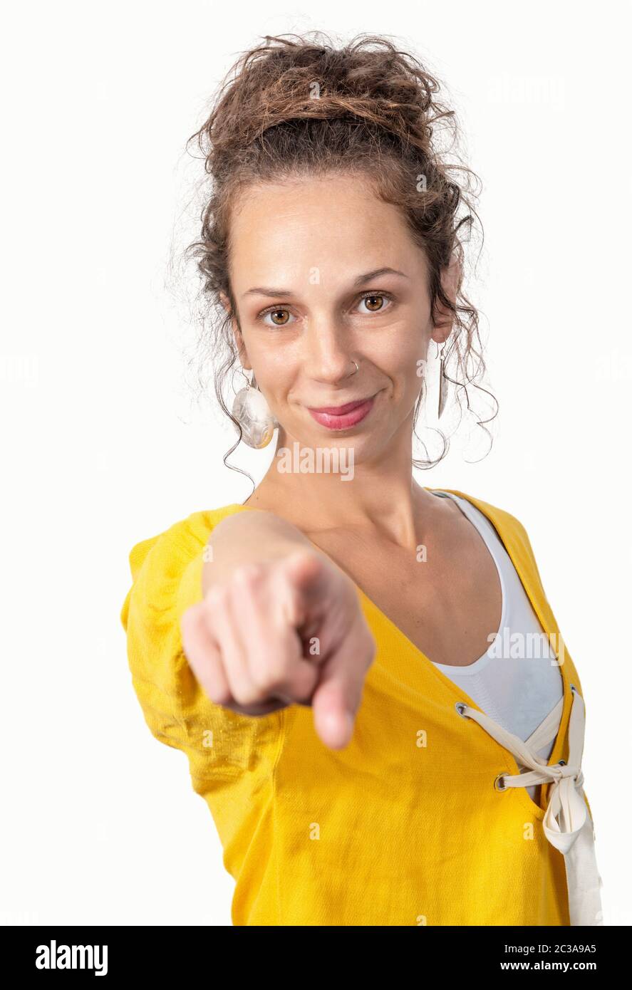smiling woman showing finger, isolated of white background Stock Photo ...