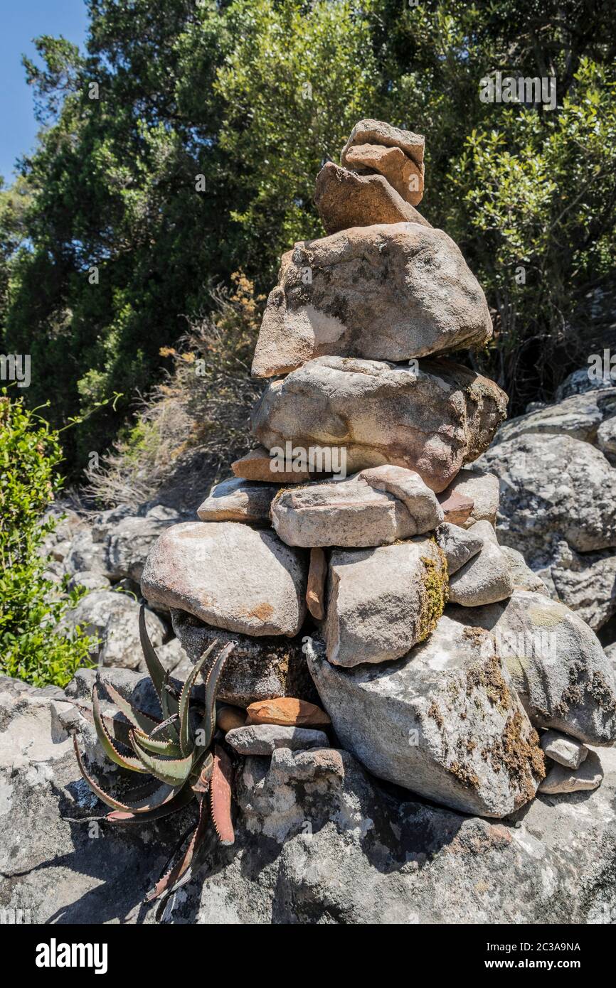 Stacked stones as a guide for hikers in Table Mountain National Park in ...
