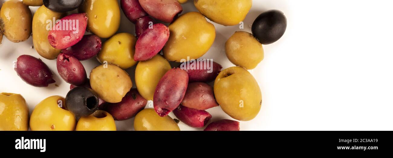 Olives variety panorama. Black, green and red olives, an assortment ...
