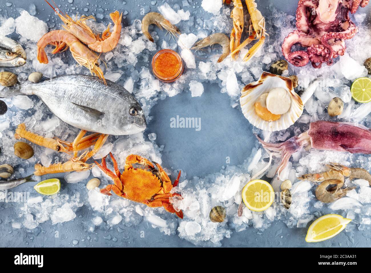 Fish and seafood background with a frame for copy space, a flat lay top ...