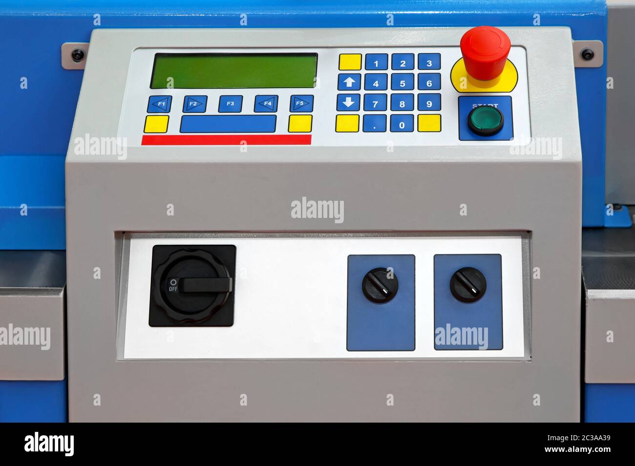 Control panel with panic stop button at machine Stock Photo - Alamy