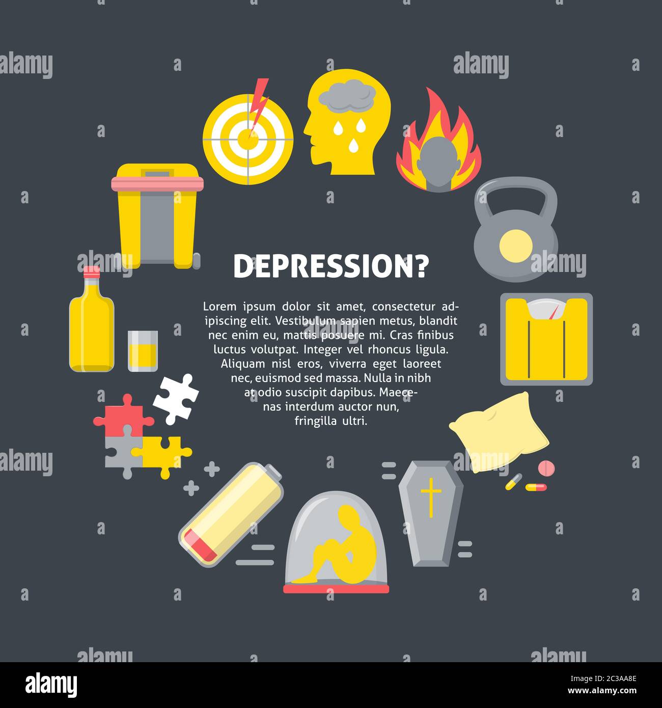 Depression symptoms banner template in flat style with text. Round ...