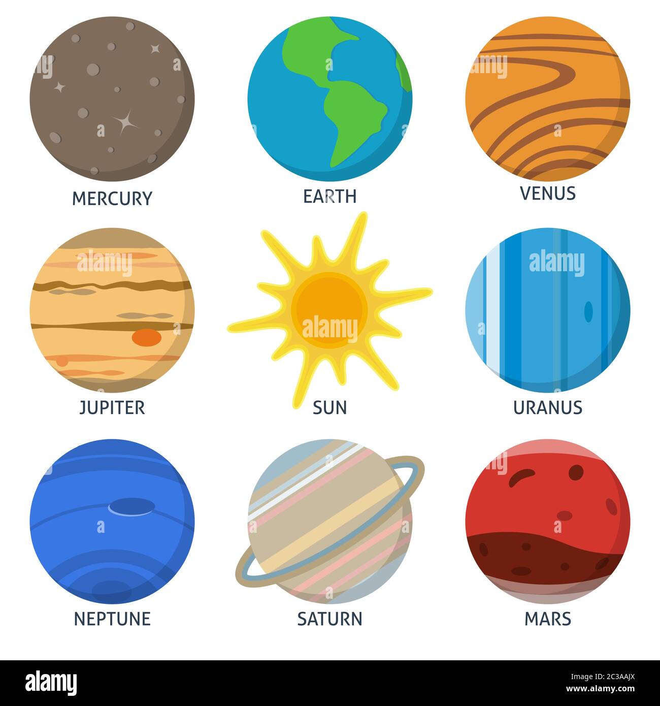 Solar system planets and sun icon collection in flat style on white ...