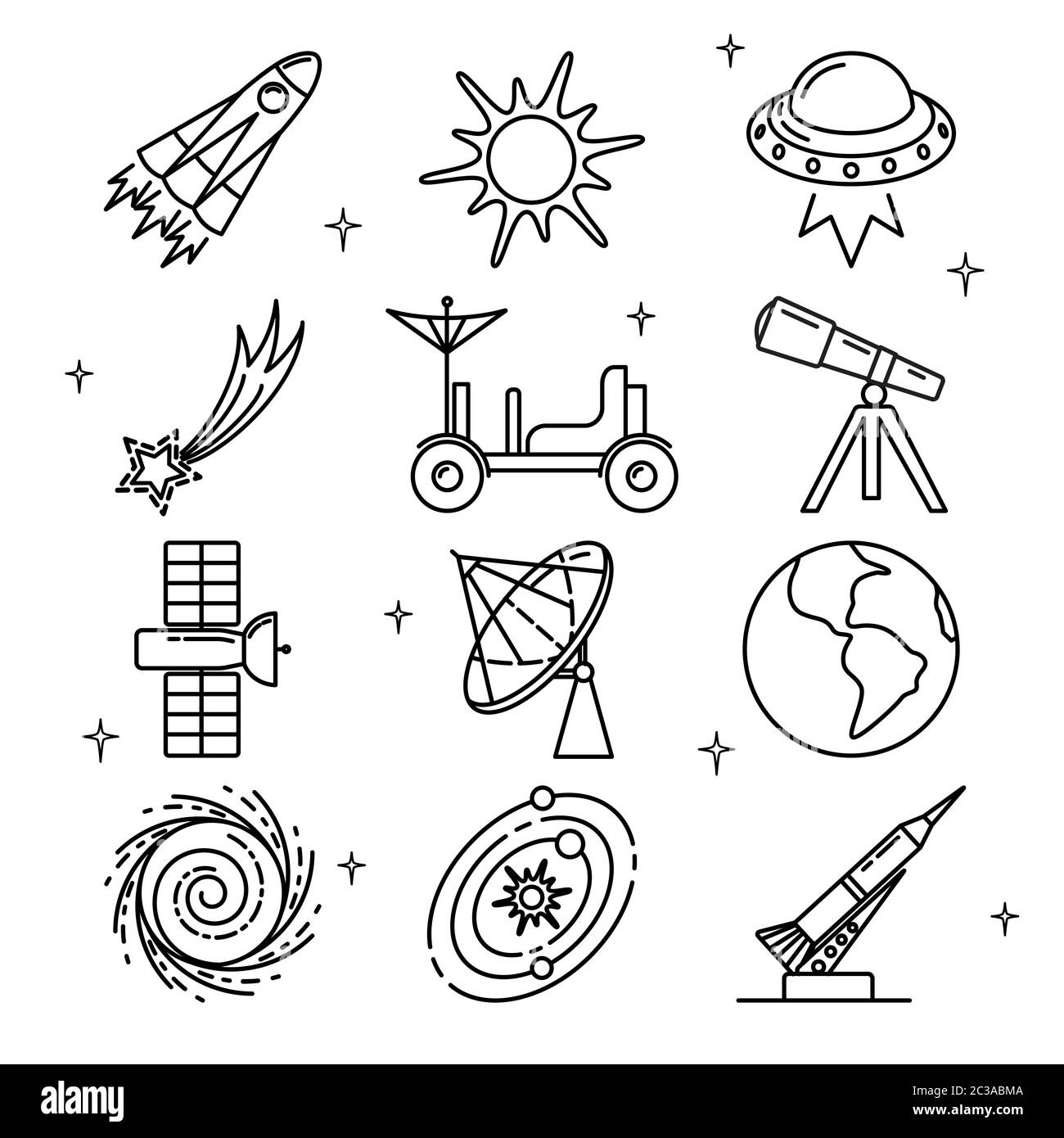 Space icons collection in thin line style. Spaceship, sun, UFO, planet ...