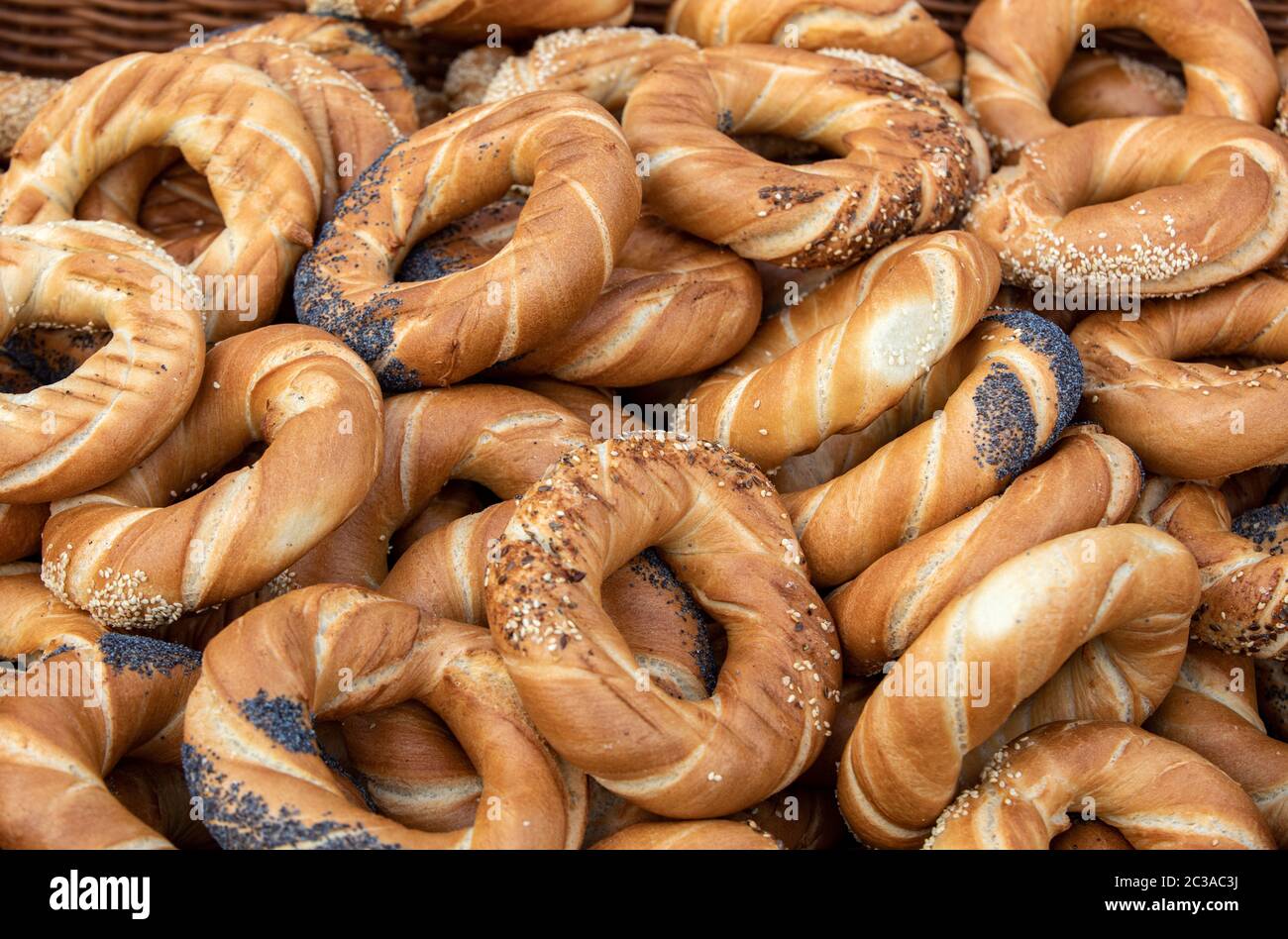 Traditional Cracovian prezels with salt, poppy and sesame seeds Stock ...