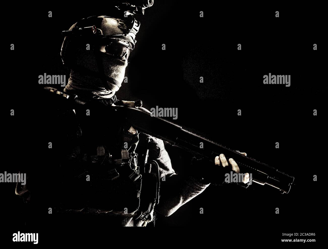 Shoulder portrait of army elite troops soldier, anti-terrorist tactical ...
