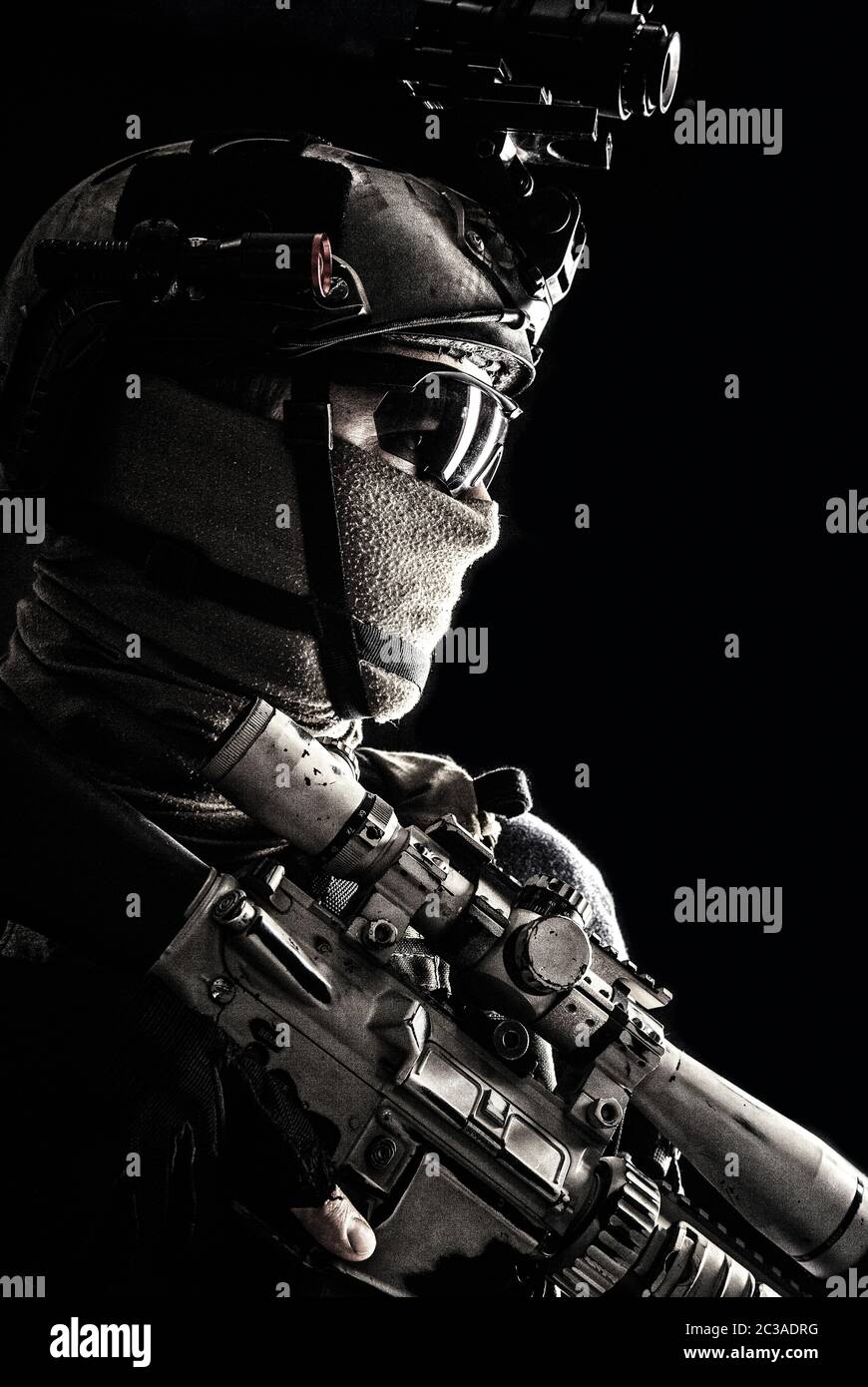 Shoulder portrait of army elite troops sniper, anti-terrorist tactical ...