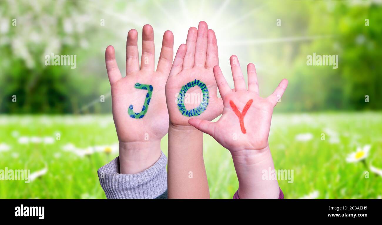 Children Hands Building Colorful Word Joy. Green Grass Meadow As ...