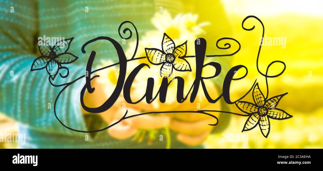 German Calligraphy Danke Means Thank You. Cute Little Kid Is Holding A ...