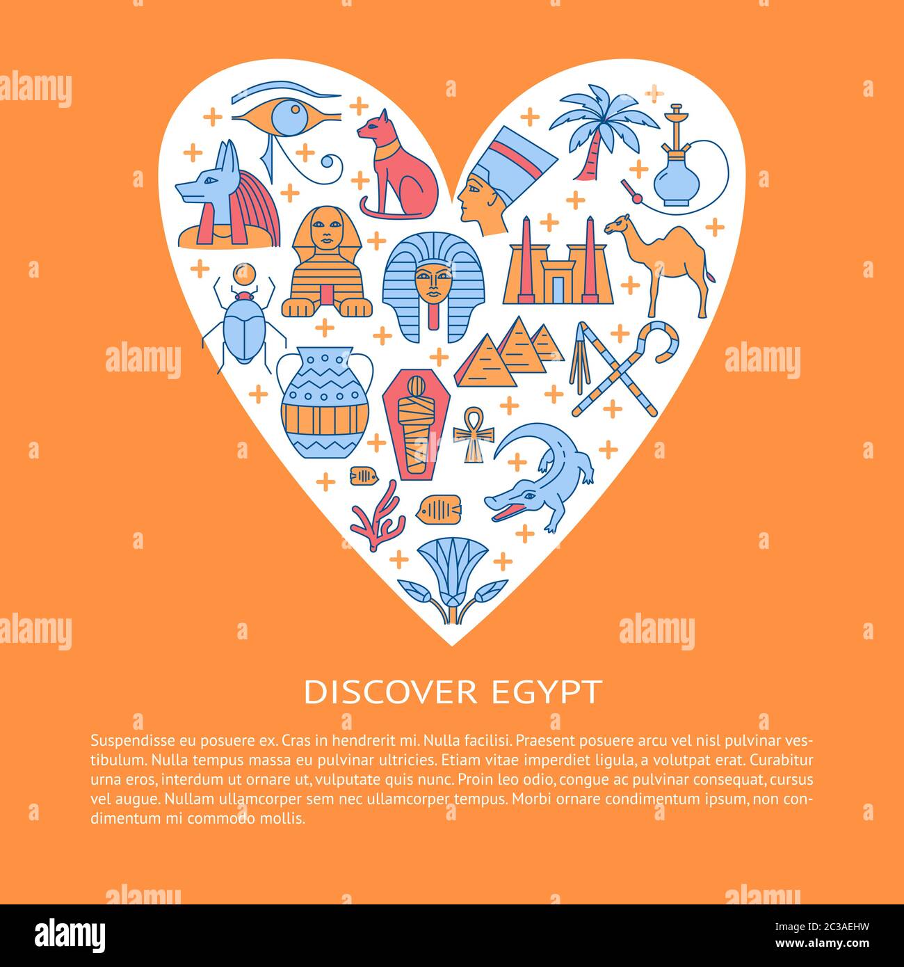 Bright banner with Egypt symbols in colored line style. Famous ...