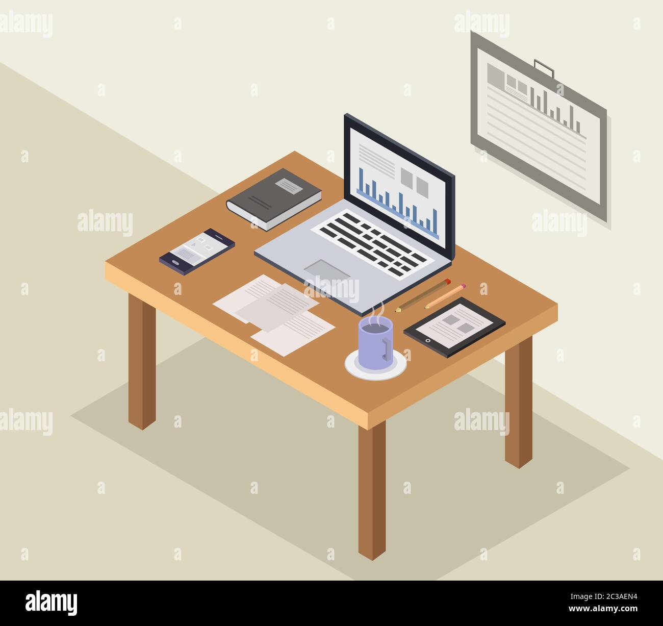 Isometric desk illustrated in vector on white background Stock Photo ...