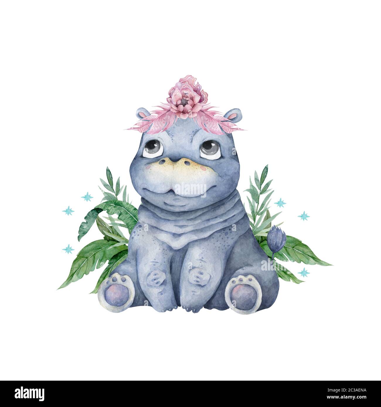 Cute baby Hippo Hand drawn watercolor illustration on white background ...