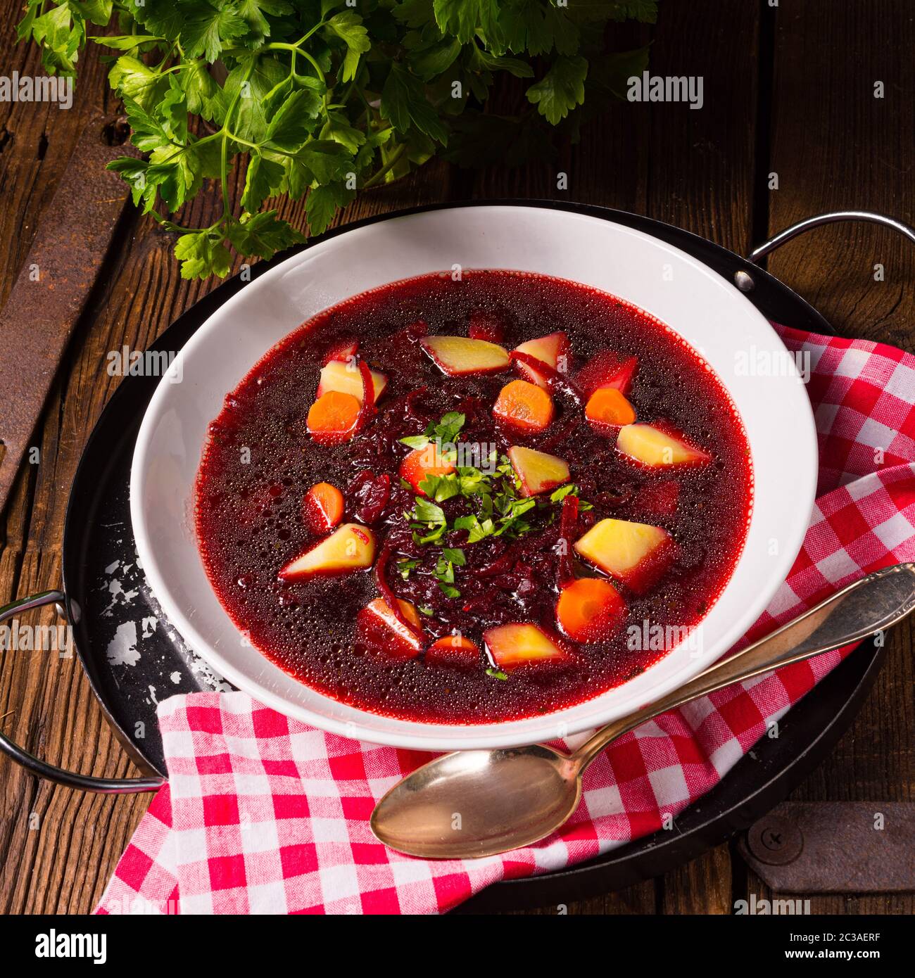 Delicious beetroot borscht with egg Stock Photo - Alamy