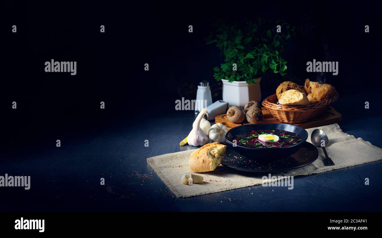 Delicious beetroot borscht with egg Stock Photo - Alamy