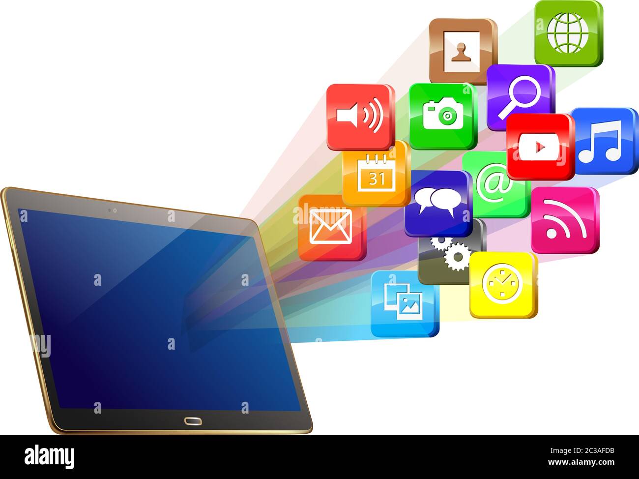 Tablet PC with colorful application icons isolated on white background ...