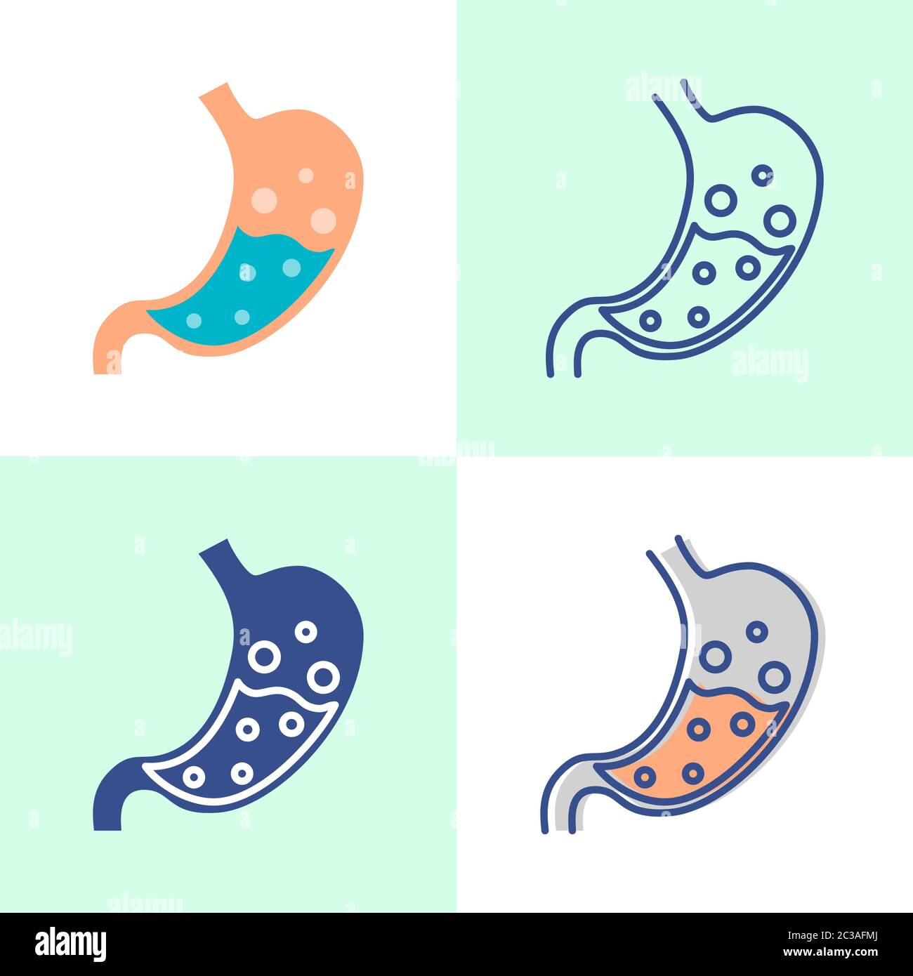 Stomach with bloating icon set in flat and line style. Digestive ...